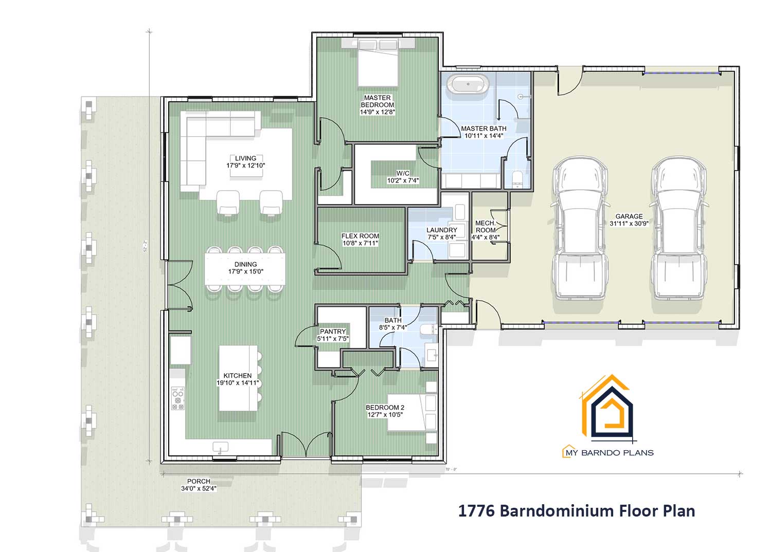 2 Bedroom 2 Bath Barndominium Floor Plan - The 1776 Barndo